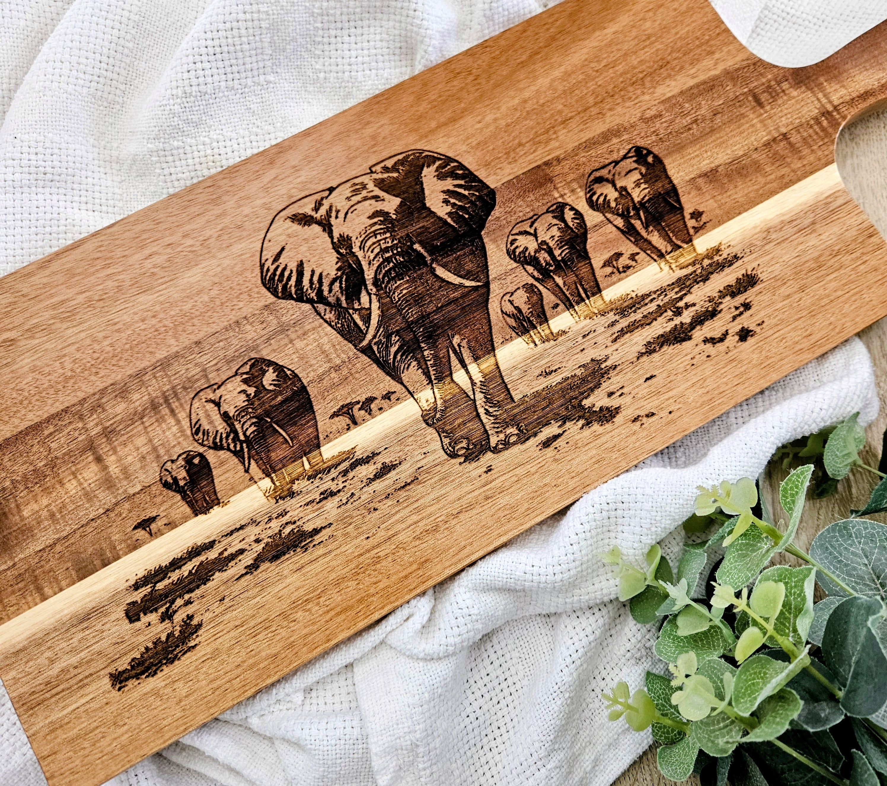 Little Miss Viking - Elephants Engraved Acacia Cheese/ chopping Board